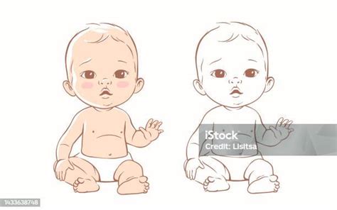 기저귀에 앉아있는 귀여운 아기 소년 312 개월의 활동적인 아기 첫해 아기 발달 신생아가 앉아서 웃고 있습니다 행복한 건강한 아기 백인 민족 색상 및 선 벡터 세트 아기에