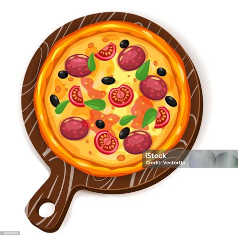 토마토 치즈 올리브 소시지 바질 등 다양한 재료로 된 신선한 피자 전통적인 이탈리아 패스트 푸드 나무 보드에 최고보기 식사 유럽 전통 간식 격리된 흰색 배경 벡터 그림입니다