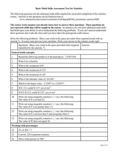 Basic Math Skills Assessment Test For Statistics The Following