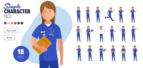 여러 포즈의 집합에서 간단한 평평한 여성 간호사 여자 벡터 문자입니다 간호사에 대한 스톡 벡터 아트 및 기타 이미지 간호사