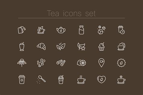 차 커피 차 주전자 다과회 티백 표시 등의 수집 차 아이콘의 선 획 세트입니다 프리미엄 기호 편집 가능한 개체 및 어두운 배경의 픽토그램 0명에 대한 스톡 벡터 아트 및