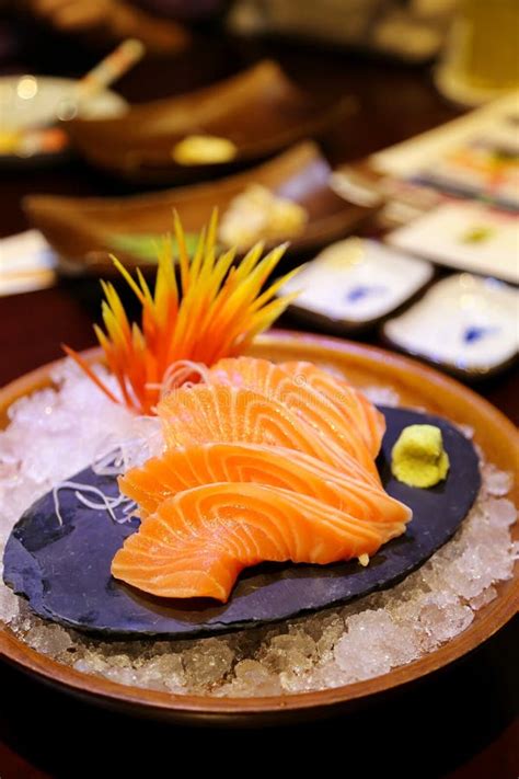 Close Up Shallow Focus Of Salmon Sashimi Beautifully Arranged On A