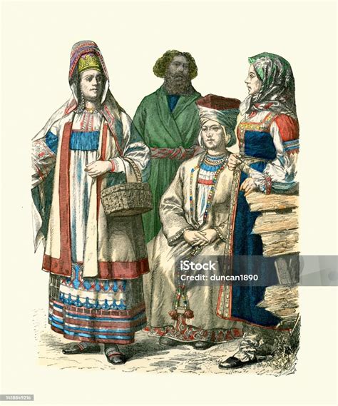 러시아 제국의 전통 의상 랴잔의 아내 보로 네즈 핀란드어 페테르부르크 19 세기 패션사 19세기에 대한 스톡 벡터 아트 및 기타 이미지 Istock