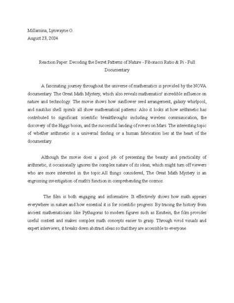 Reaction Paper Decoding The Secret Patterns Of Nature Fibonacci Ratio And Pi Full Documentary