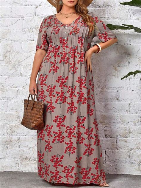 Shein Curve Plus Size Ditsy Floral Long Summer Dress With Sleeves Half