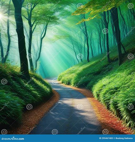 A Winding Path Through A Dense With Rays Of Sunlight Peeking Through