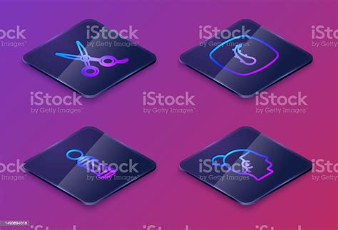 아이소메트릭 라인 가위 미용사 클래식 이발소 폴 남성용 인간 모낭 및 헤어스타일을 설정합니다 파란색 사각형 버튼입니다 벡터 3차원 형태에 대한 스톡 벡터 아트 및 기타