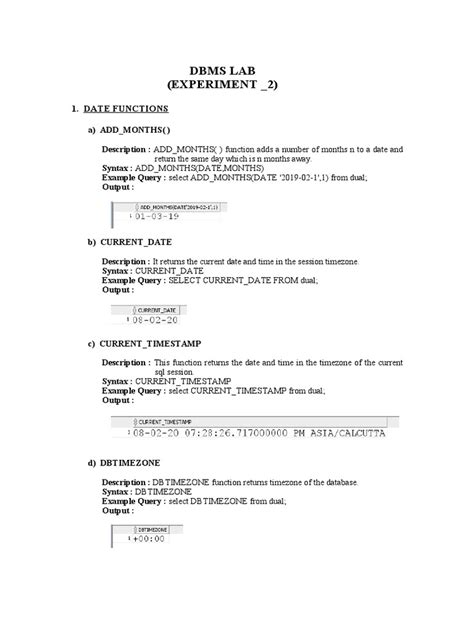 Dbms Lab Experiment 2 1 Date Functions Pdf Databases Computer Programming