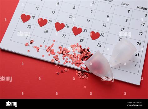 Calendar With Marked Dates And Menstrual Cups On Red Background Stock