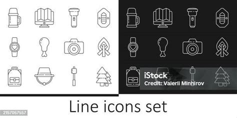 라인 설정 나무 모닥불 손전등 닭 다리 심장 박동수를 보여주는 스마트 시계 보온병 용기 사진 카메라 및 숲 모니터 아이콘의 위치 벡터 가루로 빻은에 대한 스톡 벡터 아트 및