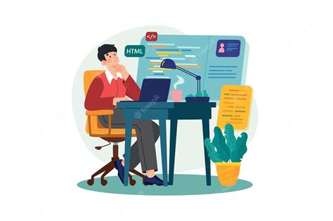 Premium Vector A Young Programmer Coding On The Laptop