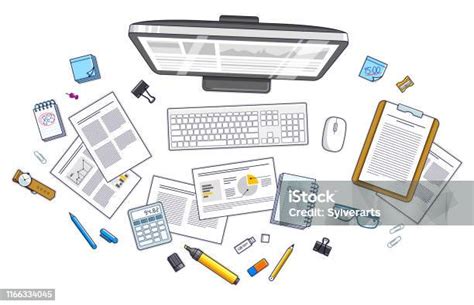 테이블에 그래프와 데이터 및 문구 개체와 Pc 컴퓨터 및 분석 용지와 작업 데스크 작업 공간 상단보기 모든 요소는 별도로 사용하거나 그림을 재구성하기 쉽습니다 벡터 3차원