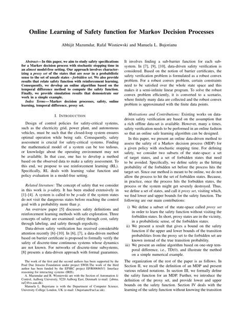 pdf online learning of safety function for markov decision processes