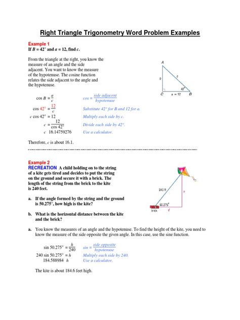Right Triangle Trigonometry Word Problem Examples Example 1 Pdf Sine Trigonometric Functions