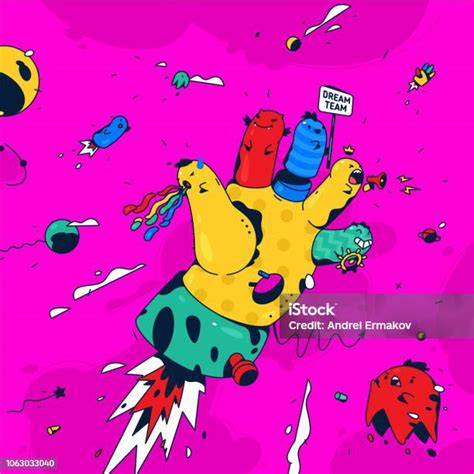 손의 추상 그림입니다 벡터입니다 초현실적인 공간에 손가락 문자 손입니다 로켓손 최고 관리자의 상징 일러스트 포스터 배너 이미지 팀 꿈입니다 T 셔츠에 대한 스톡 벡터 아트