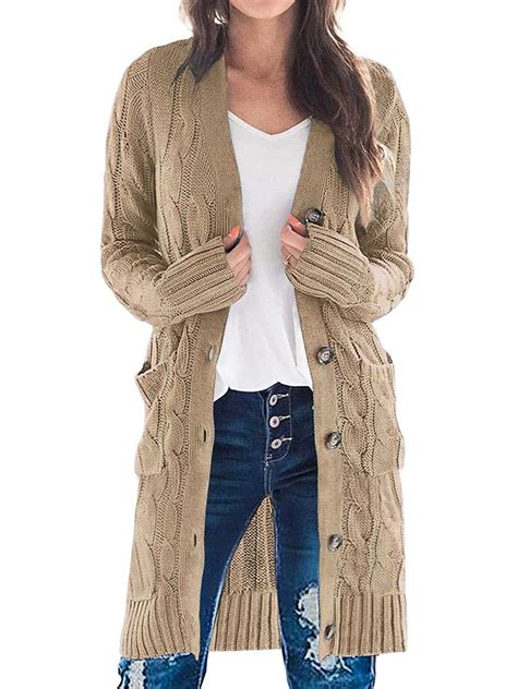 Womens Long Sleeve Button Cable Knit Sweater Open Front Cardigan Loose Outerwear With Pockets