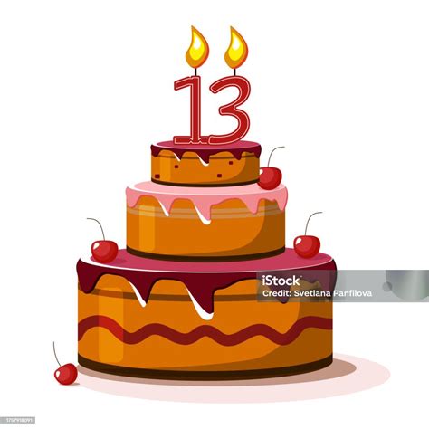 창립 13주년 벡터 생일 케이크입니다 촛불이 있는 휴일 케이크입니다 흰색 바탕에 큰 체리 케이크입니다 열세 살 공휴일에 대한 스톡 벡터 아트 및 기타 이미지 Istock
