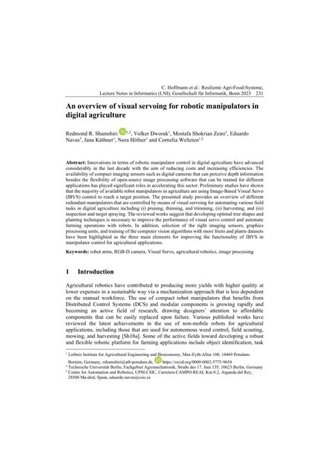 Pdf An Overview Of Visual Servoing For Robotic Manipulators In Digital Agriculture