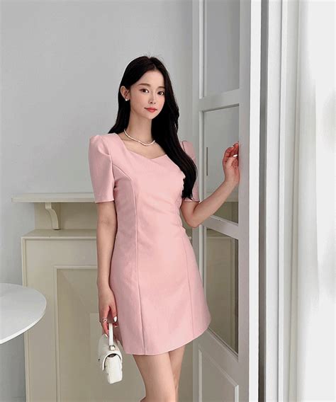 당일발송 하트넥 퍼프 셔링 여름 반팔 A라인 미니 원피스 결혼식 하객룩 데이트룩 소개팅룩 격식룩 에이블리