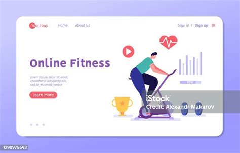 집에서 스포츠를하고 고정 자전거에 남자 온라인 피트니스 온라인 체육관 집에서 운동 비디오 운동 스마트 스포츠 장비의 개념 Ui 웹 배너에 대한 평면 디자인의 벡터