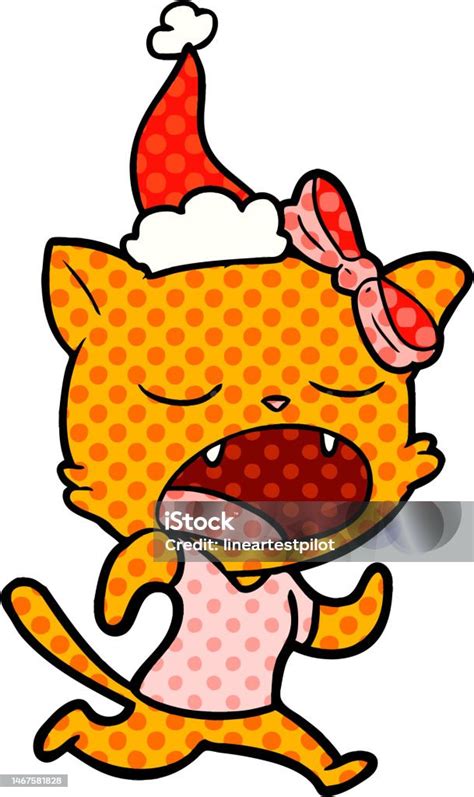 산타 모자를 쓰고 하품하는 고양이의 손으로 그린 만화책 스타일 그림 귀여운에 대한 스톡 벡터 아트 및 기타 이미지 귀여운 나비매듭 낙서 드로잉 Istock