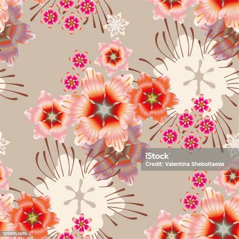 직물 디자인을위한 베이지 색 배경에 꽃 이음새가 없는 벡터 패턴 멀티 컬러 밝은 꽃 0명에 대한 스톡 벡터 아트 및 기타 이미지 0명 귀여운 꽃 나무 Istock