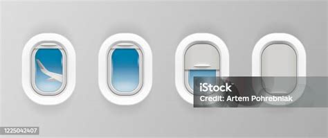 비행기 창 세트입니다 배너용 평면 현관 사실적인 조명 날개에 제트에서 보기 포트홀 셔터 커튼 위치 여행 표지판 벡터 그림입니다 비행기에 대한 스톡 벡터 아트 및 기타 이미지