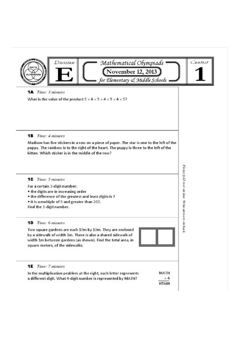 Moems Division Mathematical Olympiads Contest Math Olympiads E November 12 2013 1 For