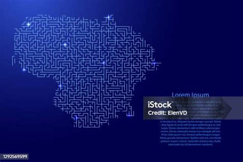 미로 그리드와 빛나는 우주 별 그리드의 파란색 패턴에서 리투아니아지도 벡터 그림입니다 0명에 대한 스톡 벡터 아트 및 기타