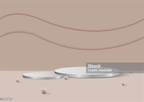 라운드 연단 제품 프리젠 테이션을위한 받침대 또는 플랫폼 제품 디스플레이용 진주가 있는 추상적인 최소 흰색 장면 3d 스테이지