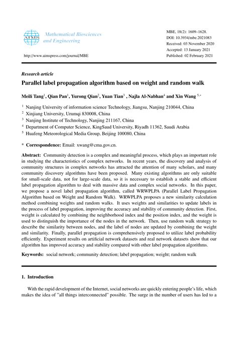 Pdf Parallel Label Propagation Algorithm Based On Weight And Random Walk