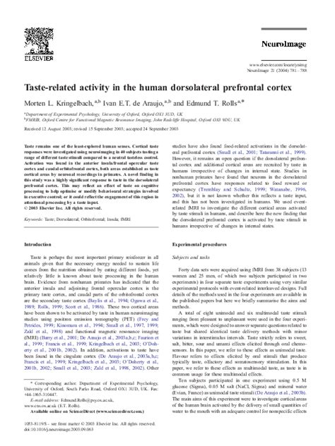 Pdf Taste Related Activity In The Human Dorsolateral Prefrontal Cortex