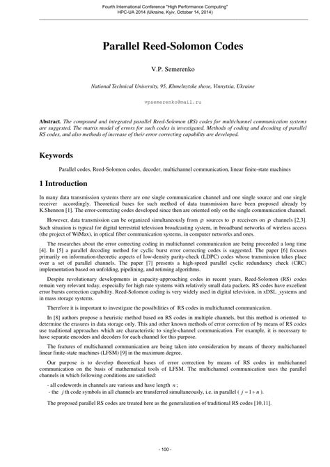 Pdf Parallel Reed Solomon Codes