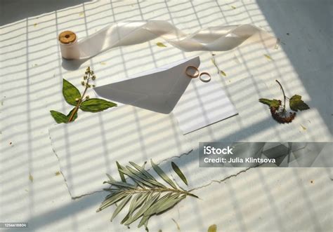 플랫 레이 모의 봉투 엽서 리본 황금 반지 정사각형 그리드와 자연 햇빛과 그림자 개념에 대한 스톡 사진 및 기타 이미지 개념 건조한 결혼 의식 Istock