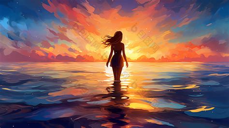 落日海滩女人剪影美丽肖像插画图片 包图网