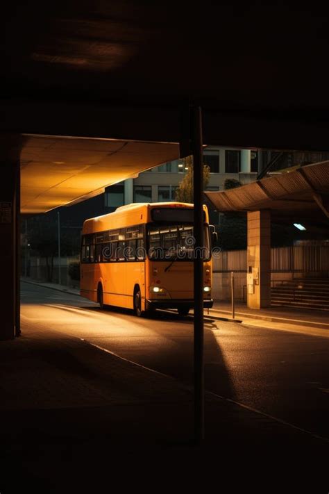 Bus Parked At Bus Station At Night Created Using Generative Ai Technology Stock Illustration