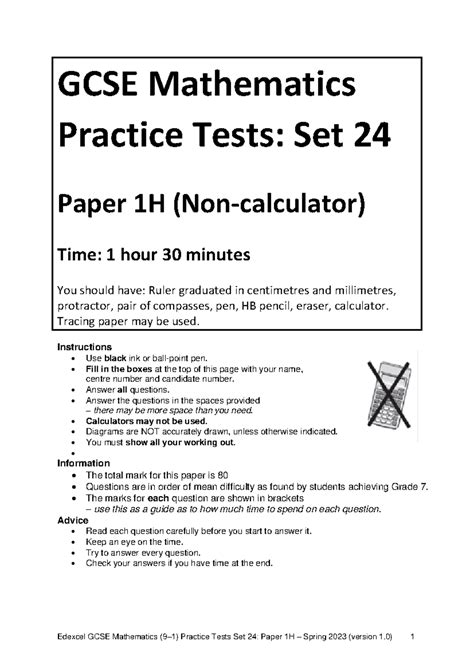 Practice Tests Set 24 1h Paper Gcse Mathematics Practice Tests Set 24 Paper 1h Non