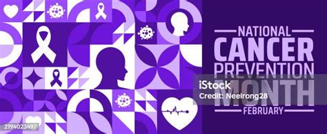 National Cancer Prevention Month 기하학적 모양 패턴 배경 배너 또는 포스터 디자인 템플릿 매년 2 월에 관찰됩니다 암에 대한 스톡 벡터 아트 및