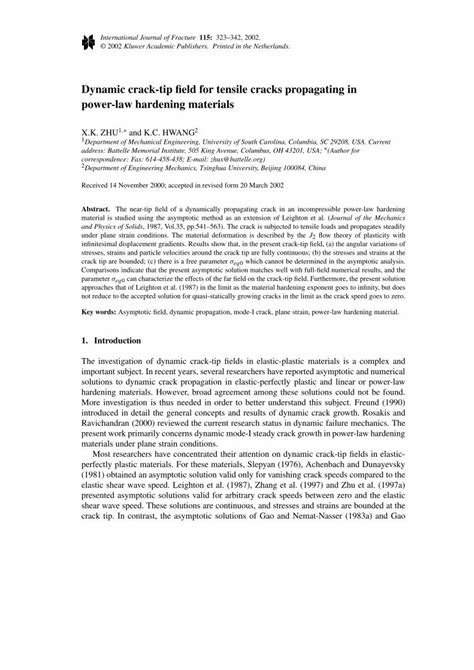 Pdf Dynamic Crack Tip Field For Tensile Cracks Propagating In Power Law Hardening Materials