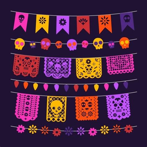 Мексиканский орнамент, мексиканские бумаги, огни и черепа, украшение ...
