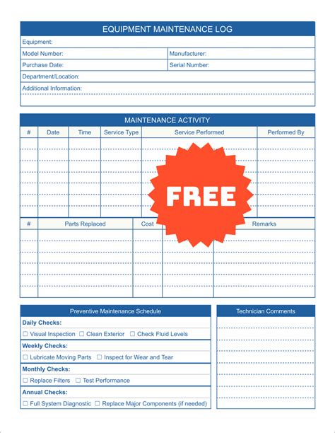 Free Printable Equipment Maintenance Log Templates