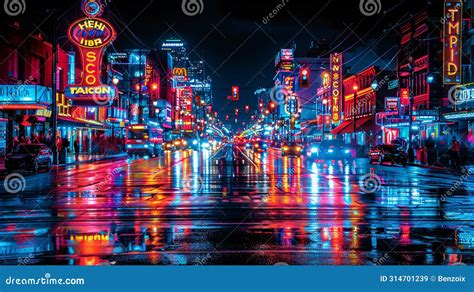 Pulsing Neon Lights Of Downtown Nightlife And Entertainment District