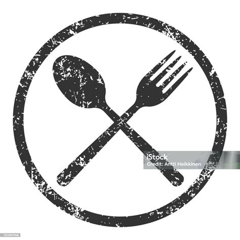 포크와 숟가락은 아이콘 로고를 교차 그런지 텍스처 플랫 쉐이프 레스토랑 또는 카페 장소 표지판 가로 질러 기구 주방 및 식당 메뉴 버튼 기호 벡터 실루엣 일러스트 이미지