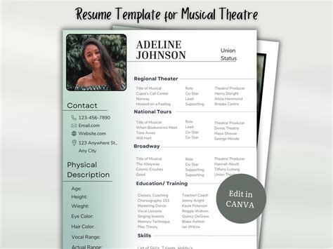 Musical Theatre Resume For Auditions Editable In Canva Cv Professional