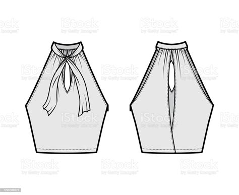 넥타이 랩 슬림 핏 활 허리 길이가 있는 탑 크롭 V넥 홀터 탱크 테크니컬 패션 일러스트 플랫 아웃웨어 0명에 대한 스톡 벡터