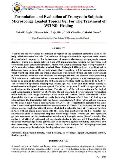 Pdf Formulation And Evaluation Of Framycetin Sulphate Microsponge Loaded Topical Gel For The