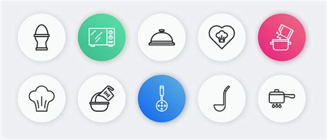 세트 라인 주걱 요리 냄비와 향신료 요리사 모자 주방 국자 음식 쟁반으로 덮여 있음 불 및 측정 컵 그릇 아이콘 벡터 가리기에 대한 스톡 벡터 아트 및 기타 이미지 Istock