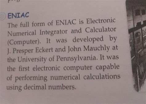 Eniacthe Full Form Of Eniac Is Electronic Numerical Integrator And Calcu