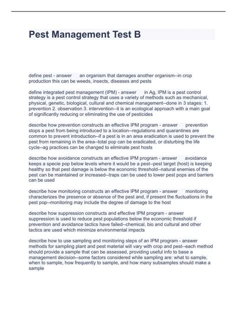 Pest Management Test B Questions And Answers Fully Solved 2024 Pest