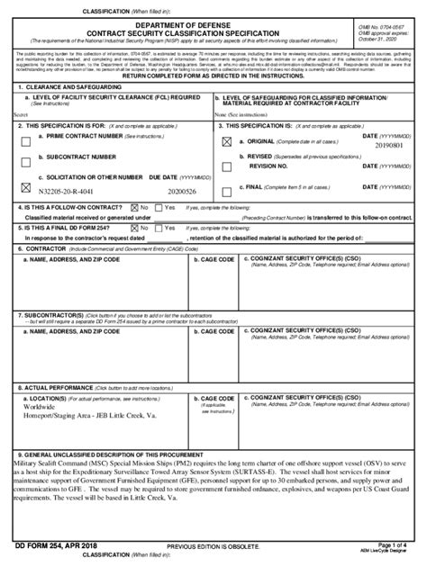 Fillable Online Dd 254 Dod Contract Security Classification